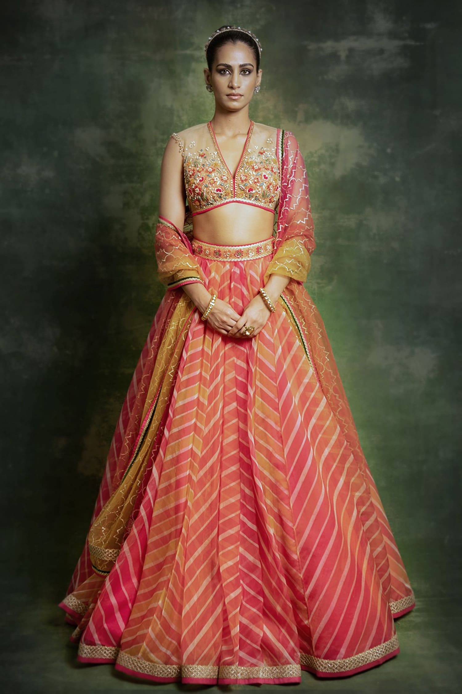 Buy Multi Color Organza Embroidered Hand Leheriya Print Lehenga Set For