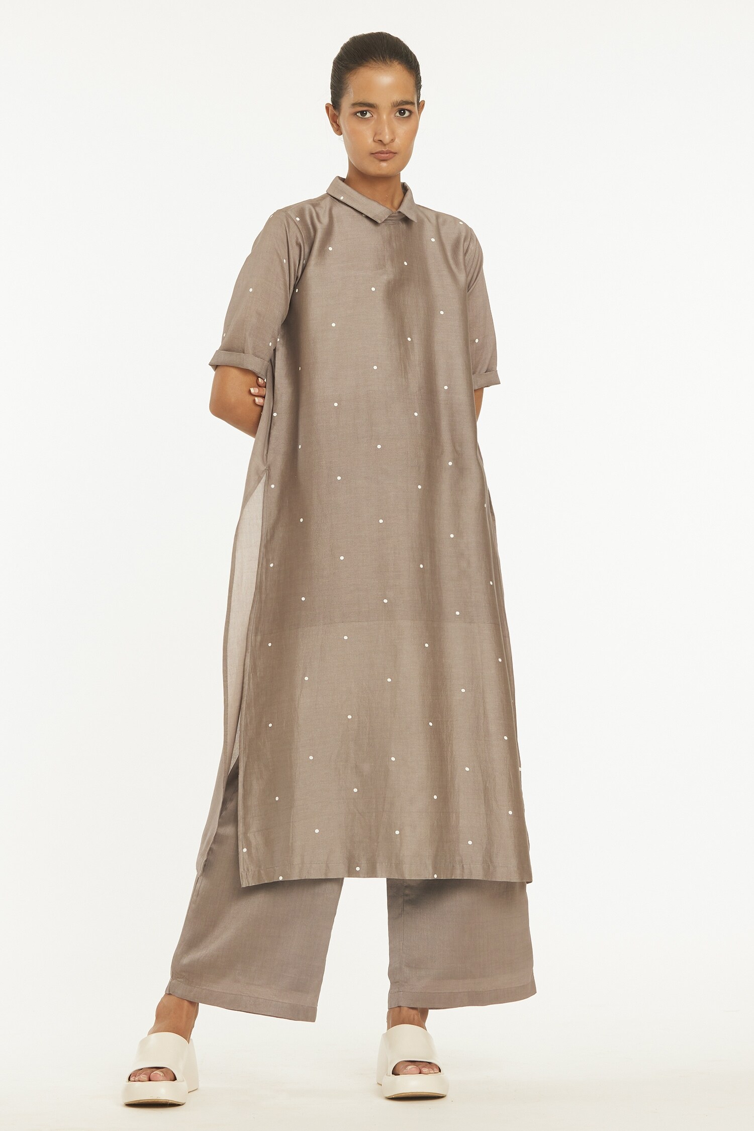 Buy Three Beige Chanderi Polka Dot Tunic Online | Aza Fashions