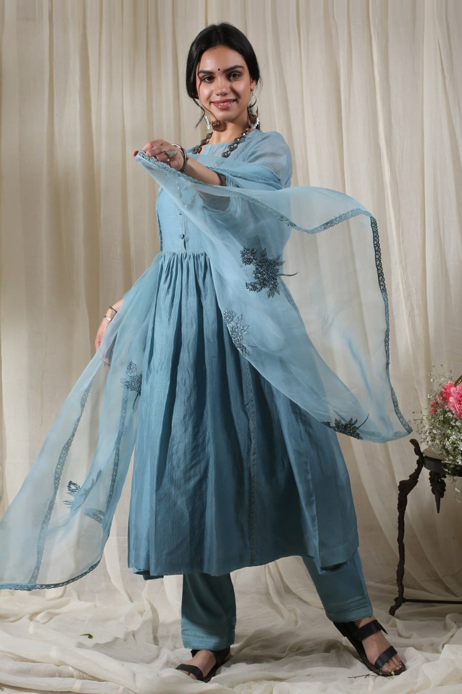 Buy Rhua India Blue Kurta- Chanderi Stripe Pattern Anarkali Set Online ...