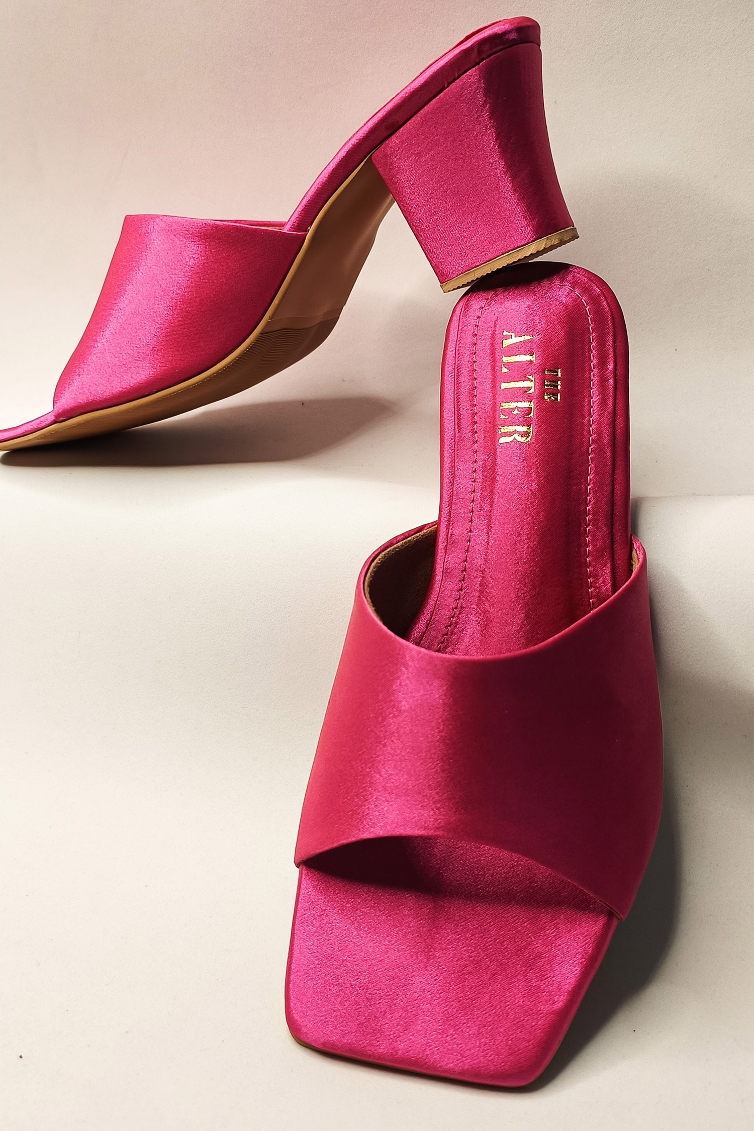 Buy Pink Satin T-shaped Block Heels by THE ALTER Online at Aza Fashions.