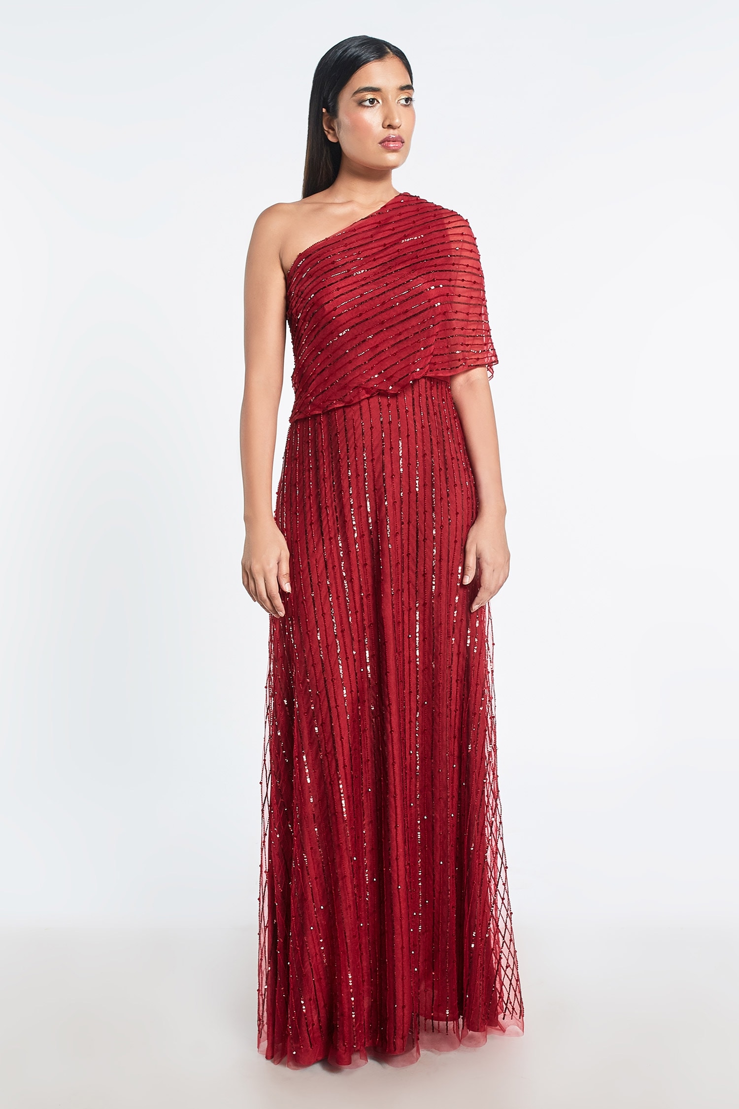 Buy Red Net Embroidered Hand One Shoulder Cape Gown For Women by ...
