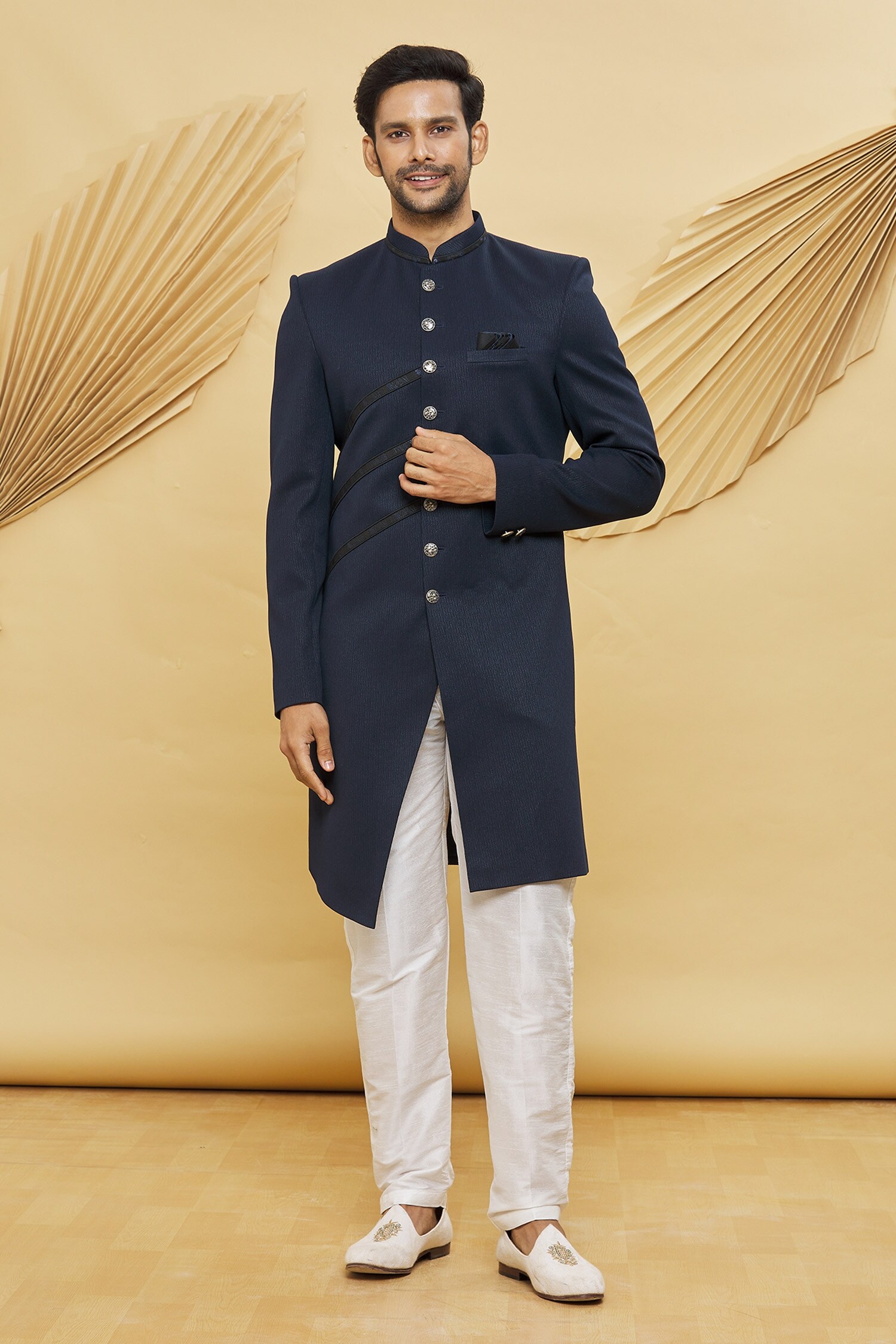 Buy Blue Imported Jacquard Silk Mandrain Collar Sherwani Set For Men by ...
