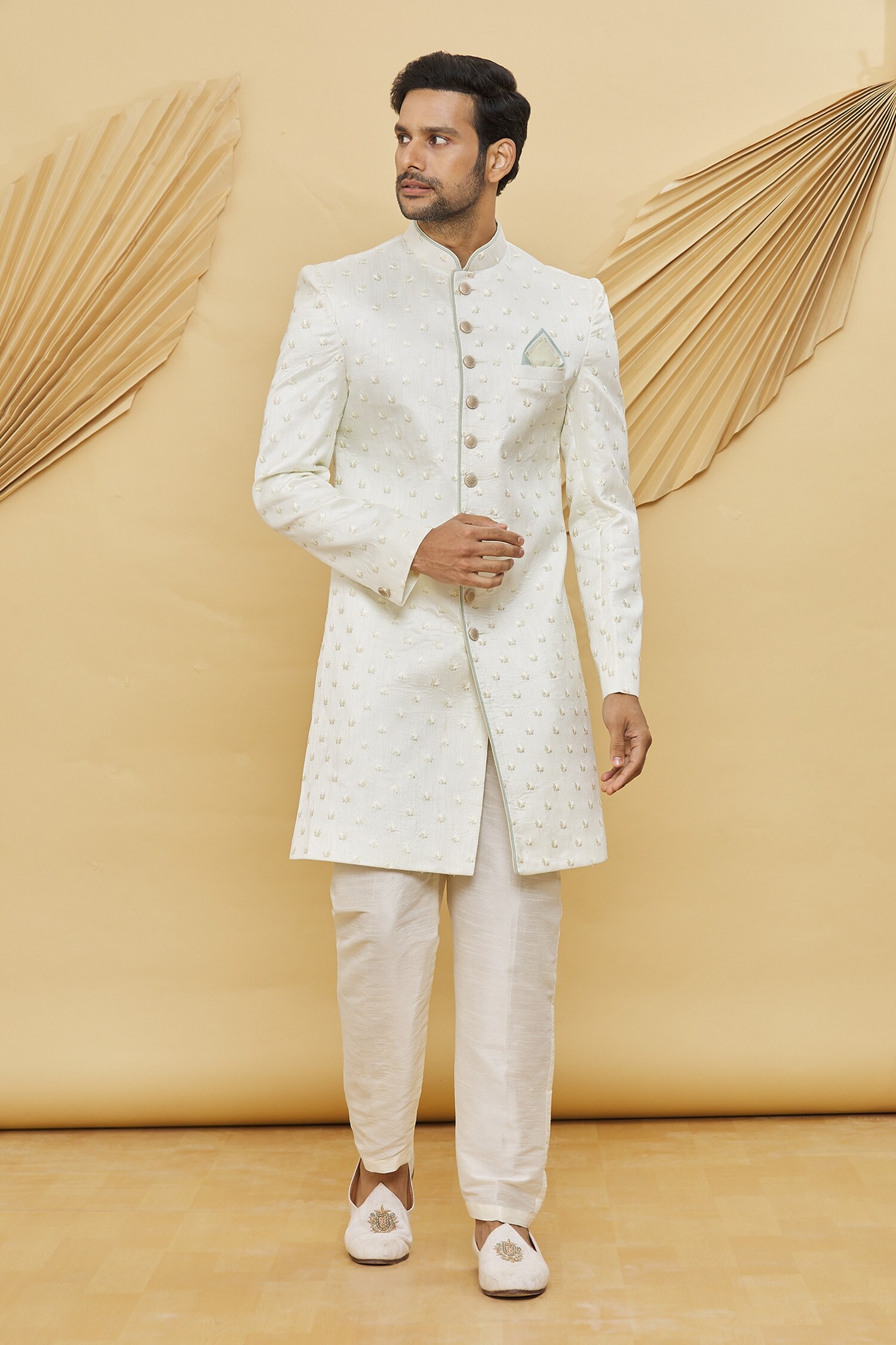 Buy Cream Art Silk Embroidered Floral Sherwani Set For Men by Khwaab by ...