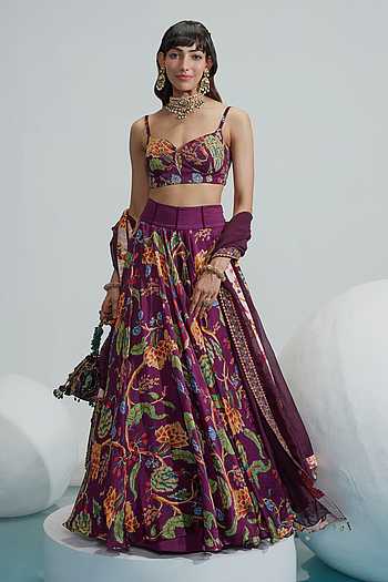 Buy Mahima Mahajan Purple Satin Organza Maha Floral Print Lehenga Set ...