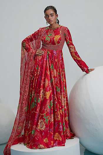 Buy Mahima Mahajan Red Satin Organza Zayna Floral Print Anarkali With ...
