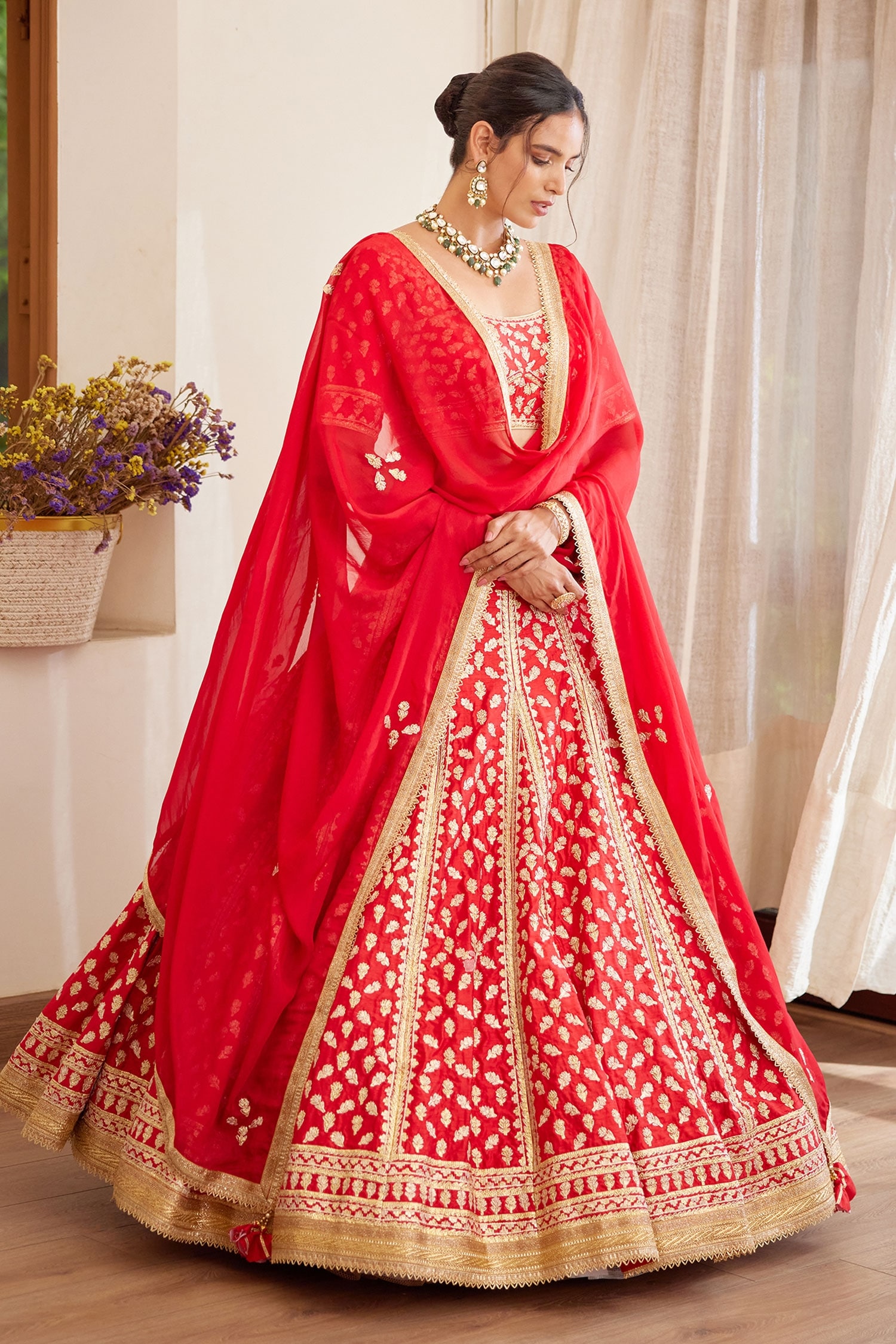Buy Red Raw Silk And Chiffon Embroidery Gota & Thread Bridal Lehenga ...