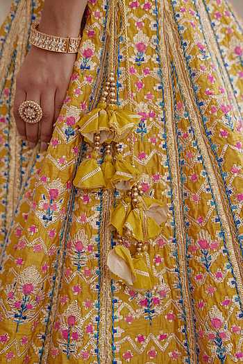 Buy Shyam Narayan Prasad Yellow Silk Floral Embroidered Lehenga Set ...