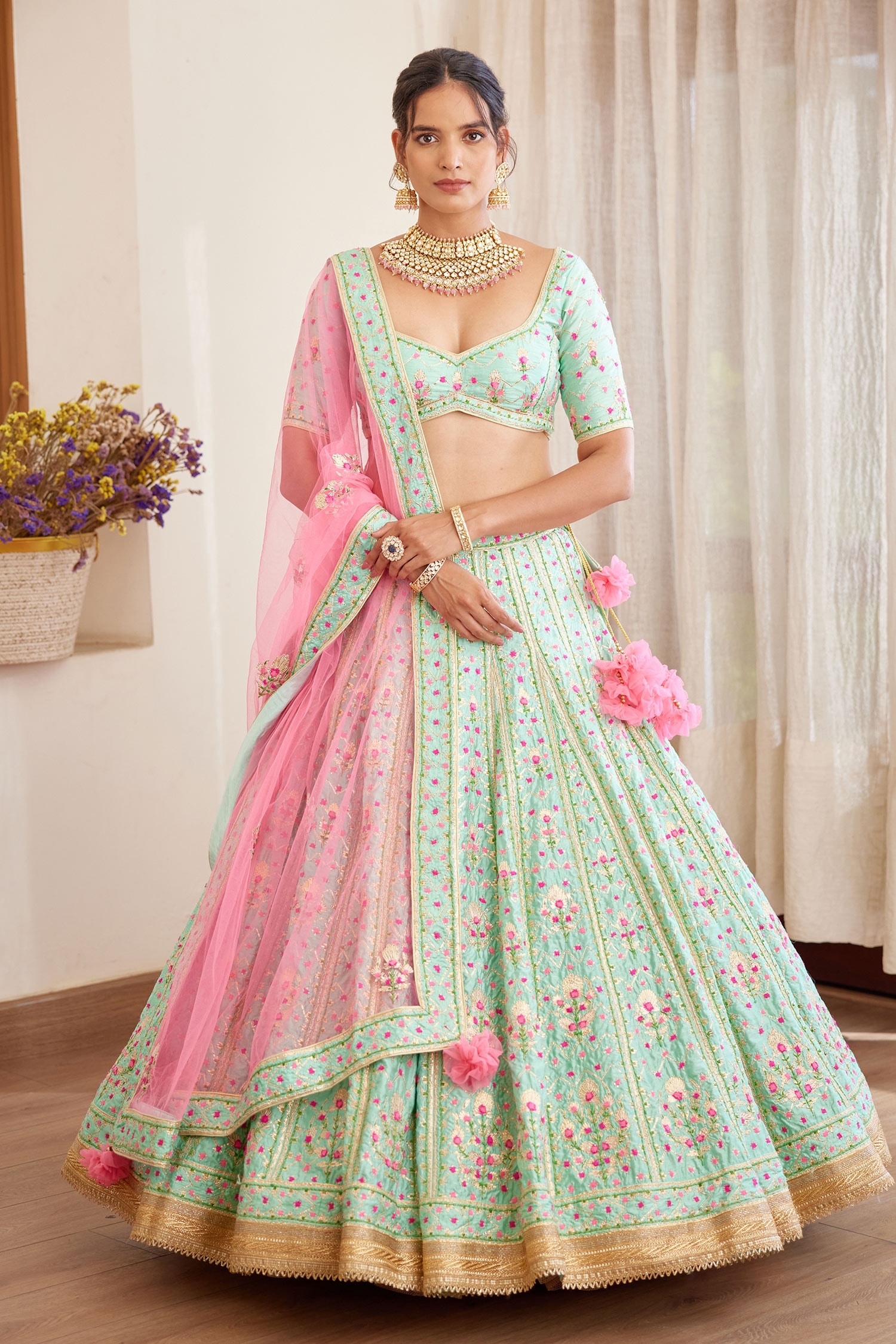 Buy Green Silk And Net Embroidery Gota & Thread Floral Bridal Lehenga ...