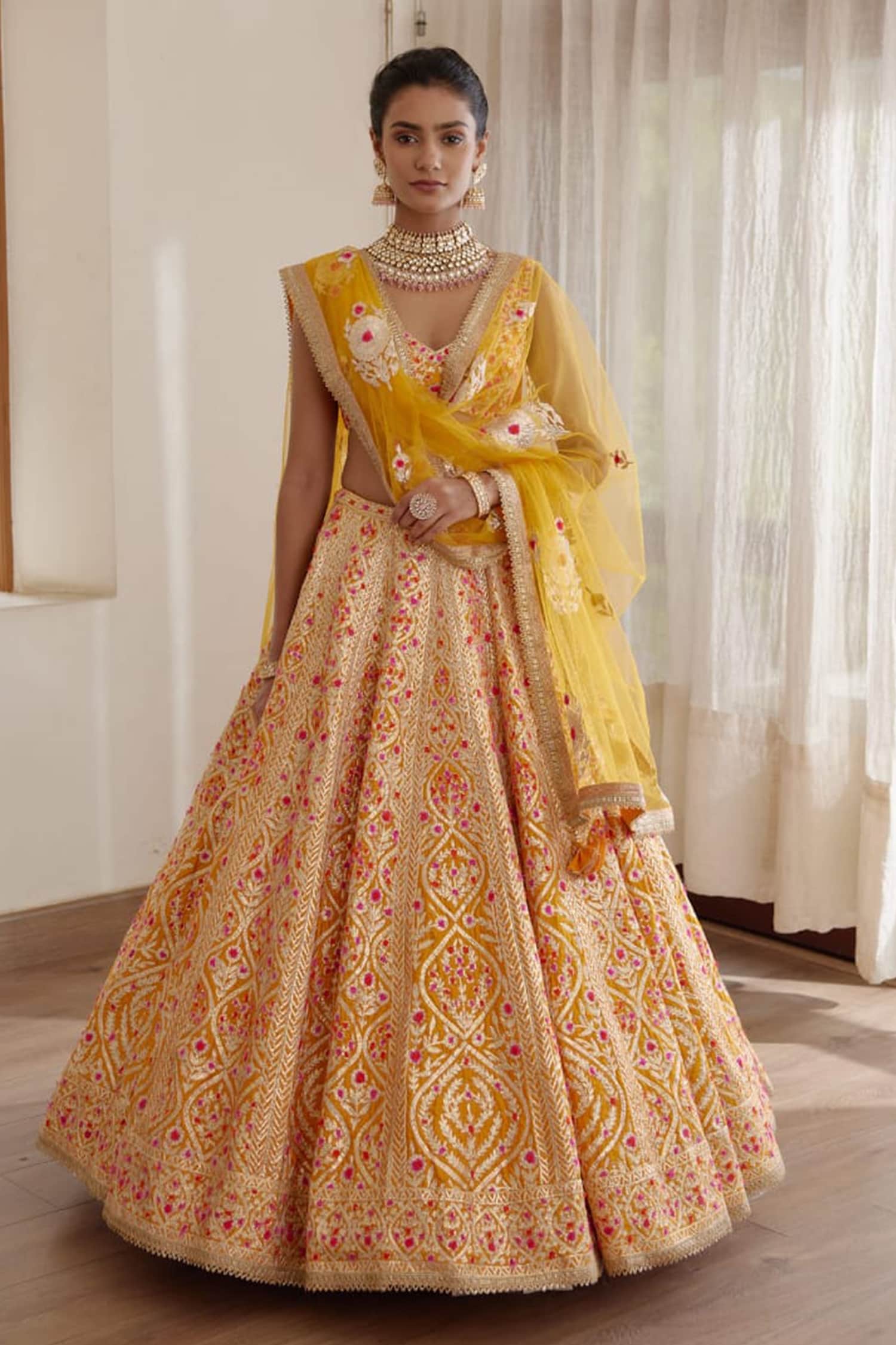Buy Yellow Silk And Net Embroidery Gota & Thread Leaf Floral Lehenga ...