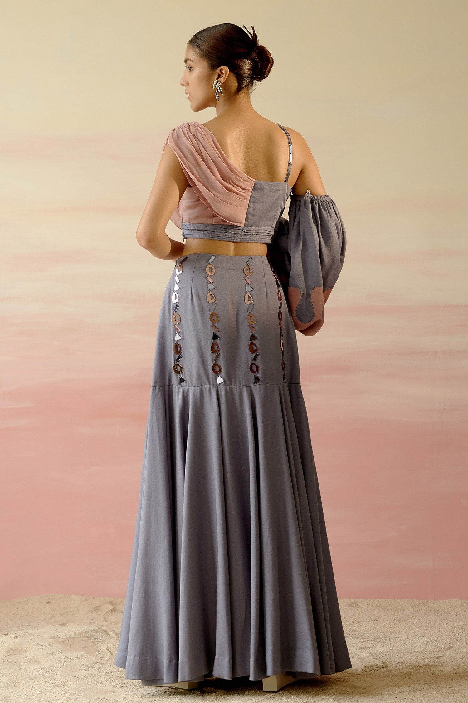 Buy Shweta Aggarwal Beige Cotton Satin Draped Crop Top With Embellished ...