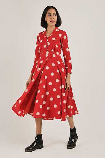 Buy Indigo Dreams Red Cotton Munnar Polka Dot Woven Dress Online | Aza ...