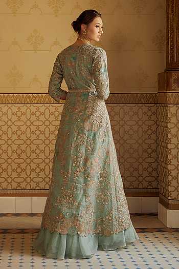 Buy Osaa by Adarsh Blue Tissue Embroidered Jacket Lehenga Set Online ...