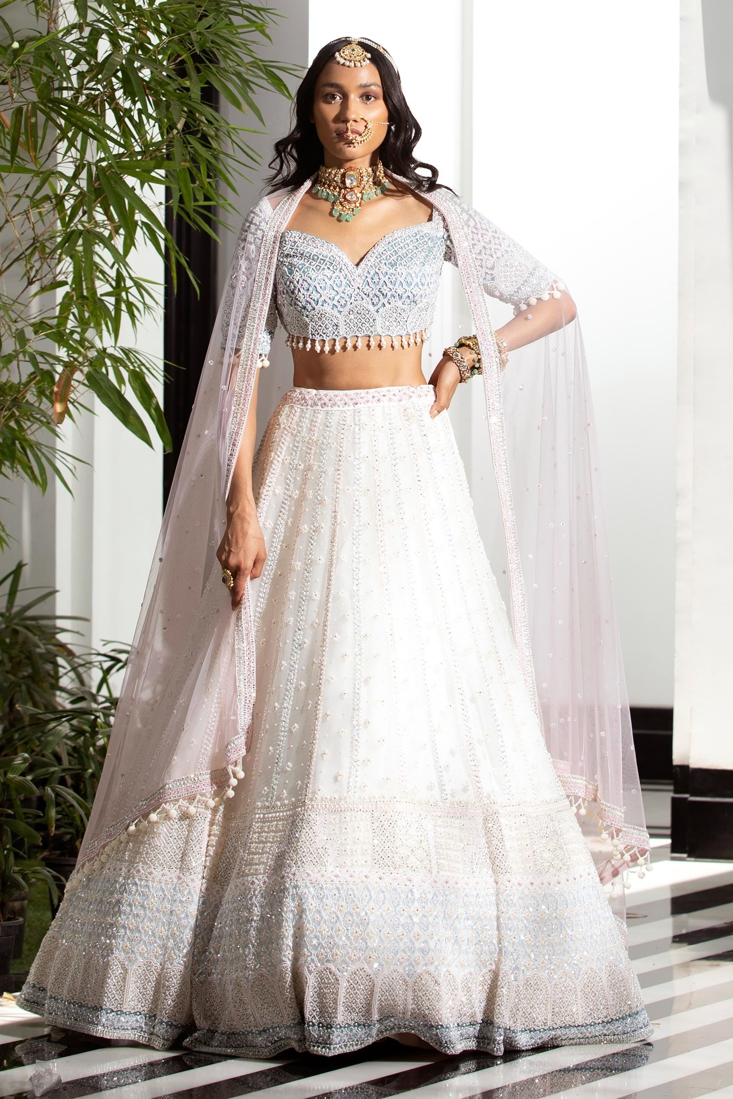 Buy Roqa White Butterfly Net Pearl Embroidered Lehenga Set Online | Aza ...