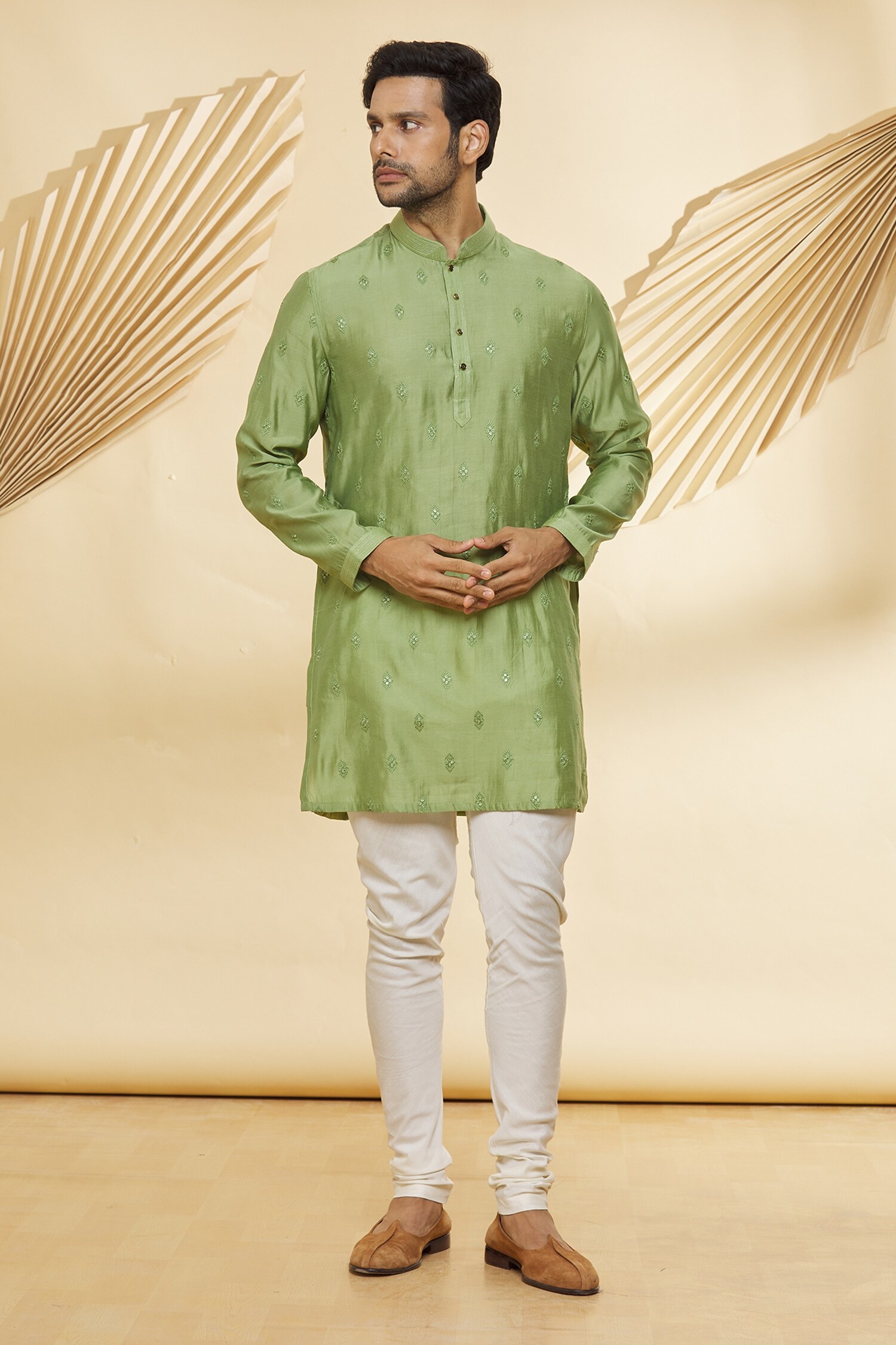 Buy Green Kurta Soft And Churidar Sponge Embroidery Thread & Sequin ...