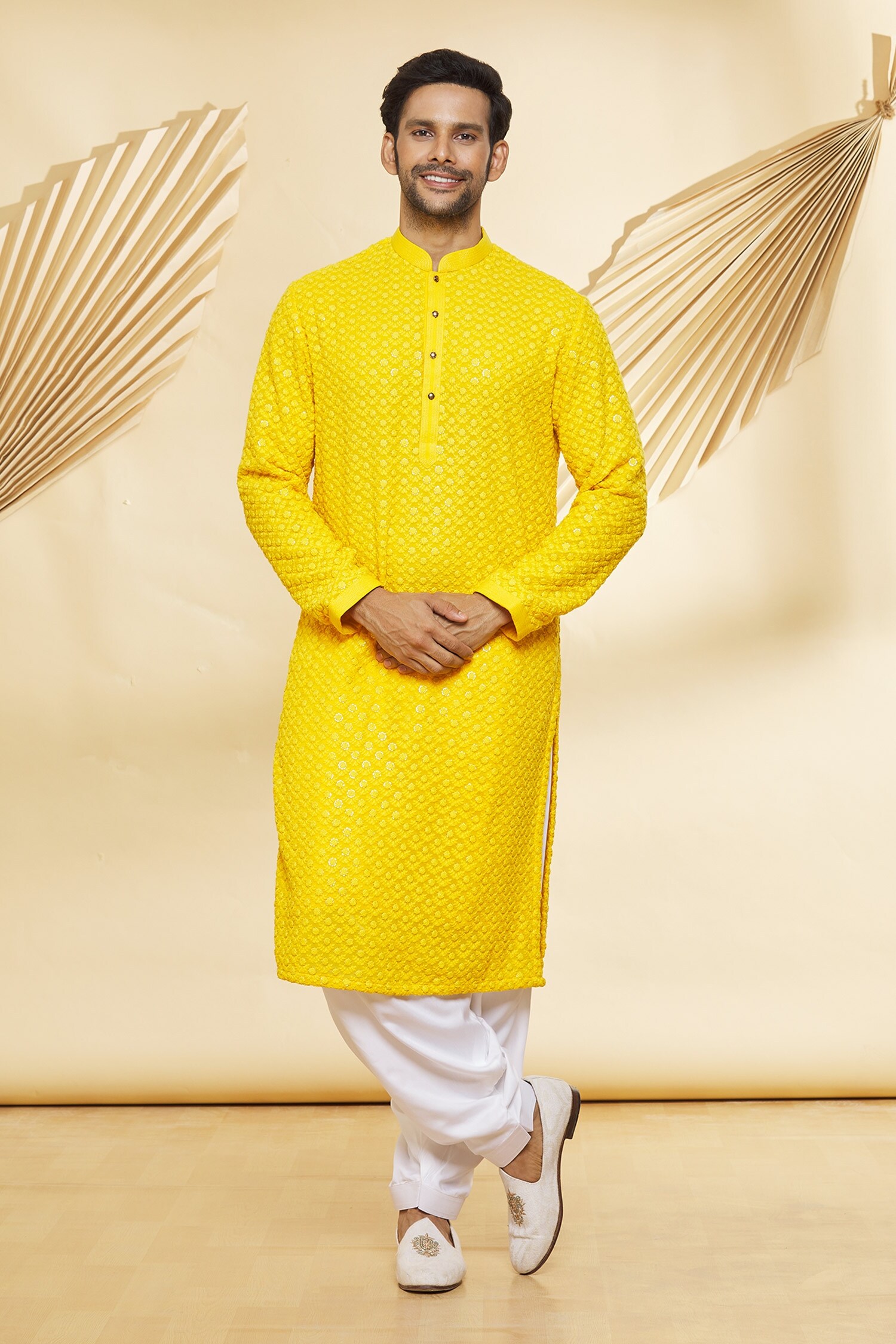 Buy Yellow Kurta: Lucknowi And Salwar: Sponge Silk Embroidery Thread ...