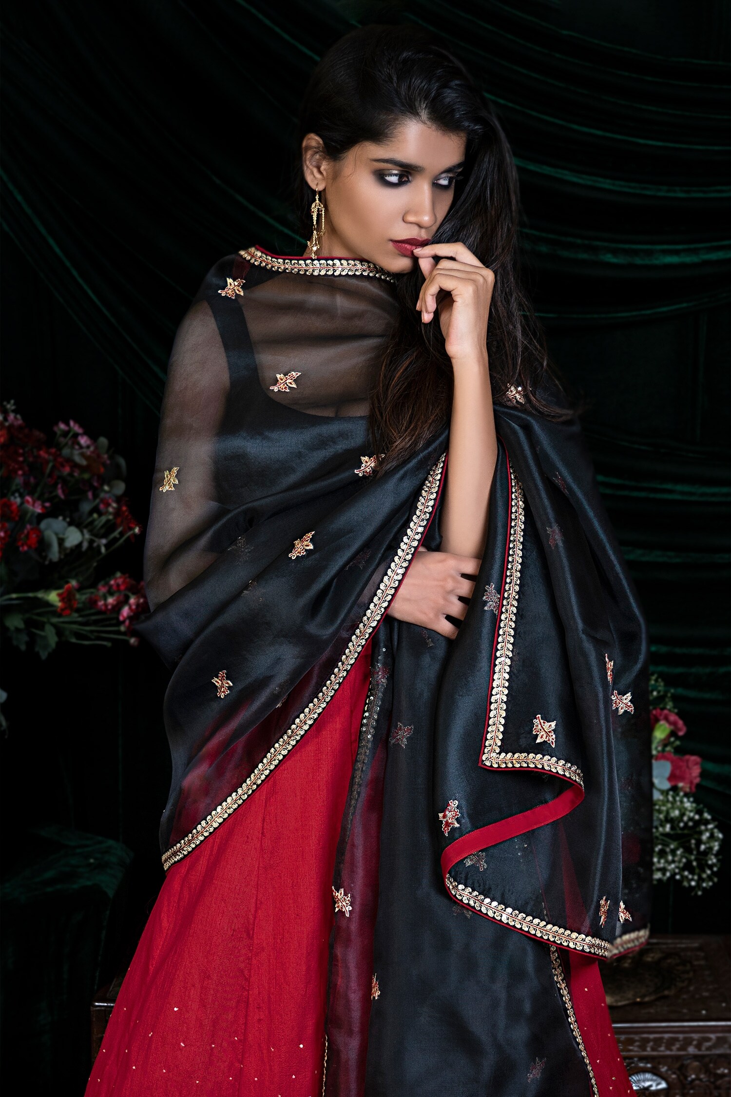 Buy Black Silk Organza Embroidery Leaves Falling Dupatta For Women by ...
