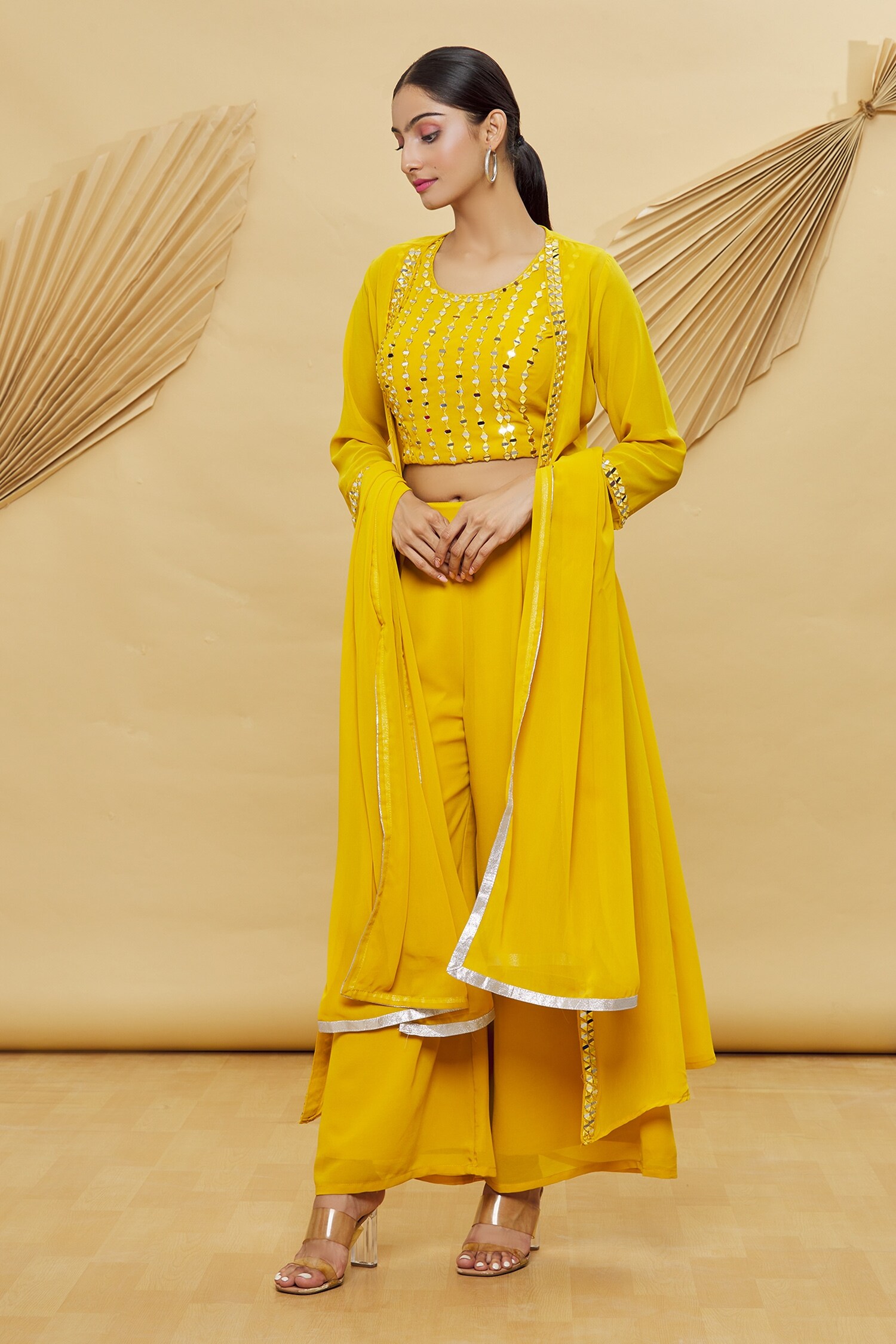 Buy Yellow Faux Georgette Embroidered Mirror Jacket: Front And Palazzo ...