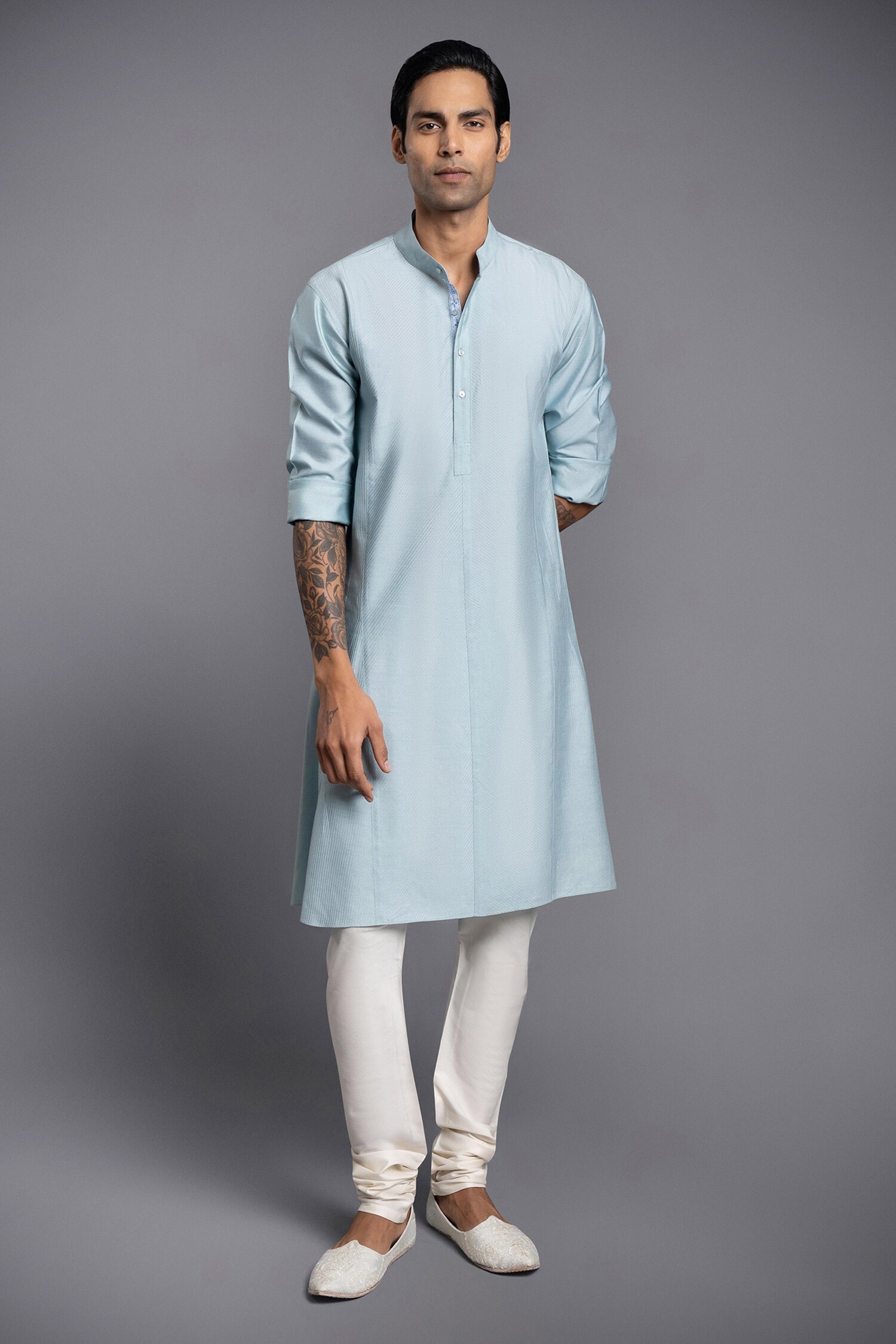 Buy Raghavendra Rathore Jodhpur Blue Stitch Line Embroidered Silk Kurta ...