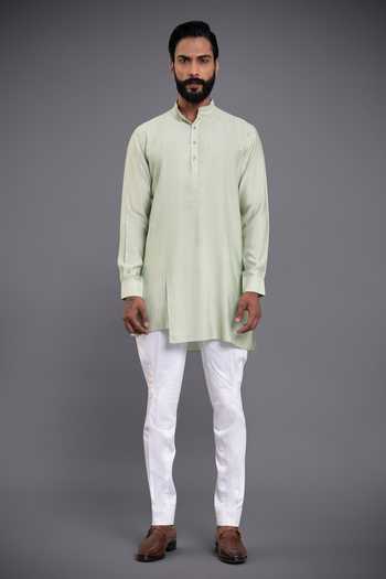 Buy Green Silk Textured Plain Mandarin Collar Flap Kurta For Men by ...