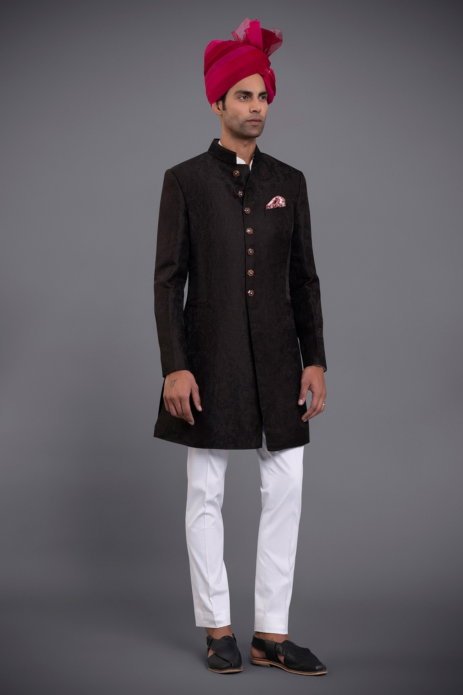 Buy Black Linen Silk Embroidery Floral Achkan For Men by Raghavendra ...