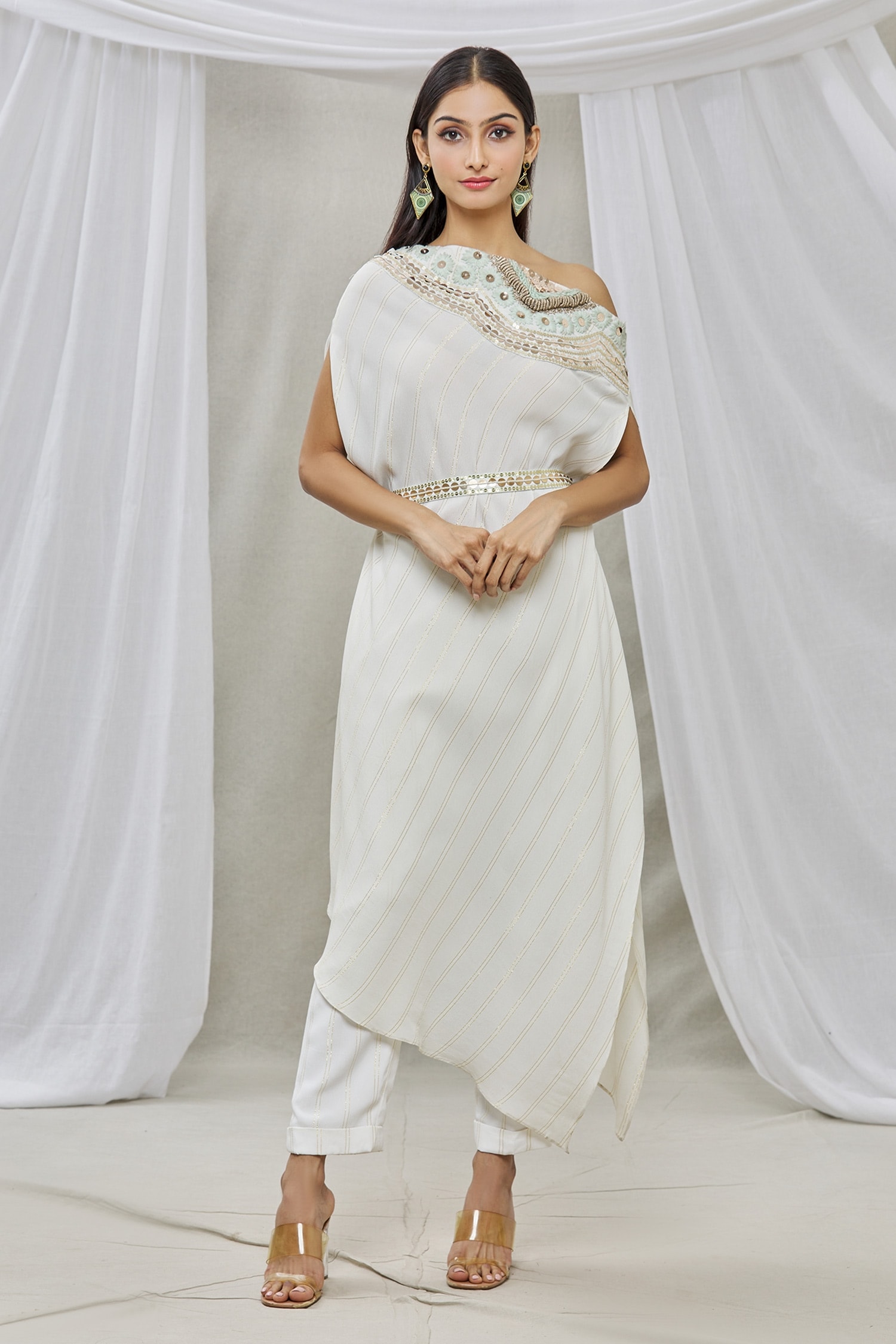 Buy White Lurex Crepe Embroidery Sequins One Isdus Draped Cape And Pant ...