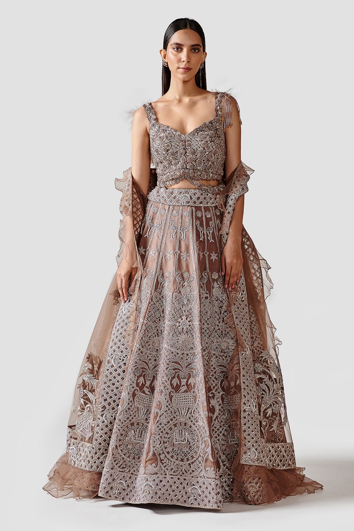 Buy Brown Lehenga And Blouse Organza Hand Embroidered Dariya Set For Women by Swati Narula ...