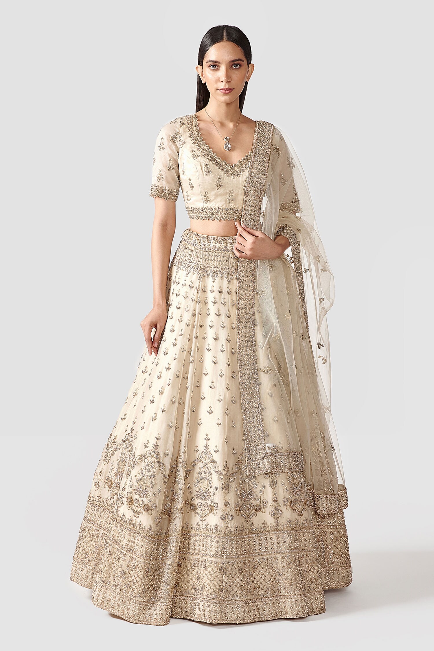 Buy Ivory Lehenga And Blouse: Organza Hand Embroidered Floral Dua Set ...