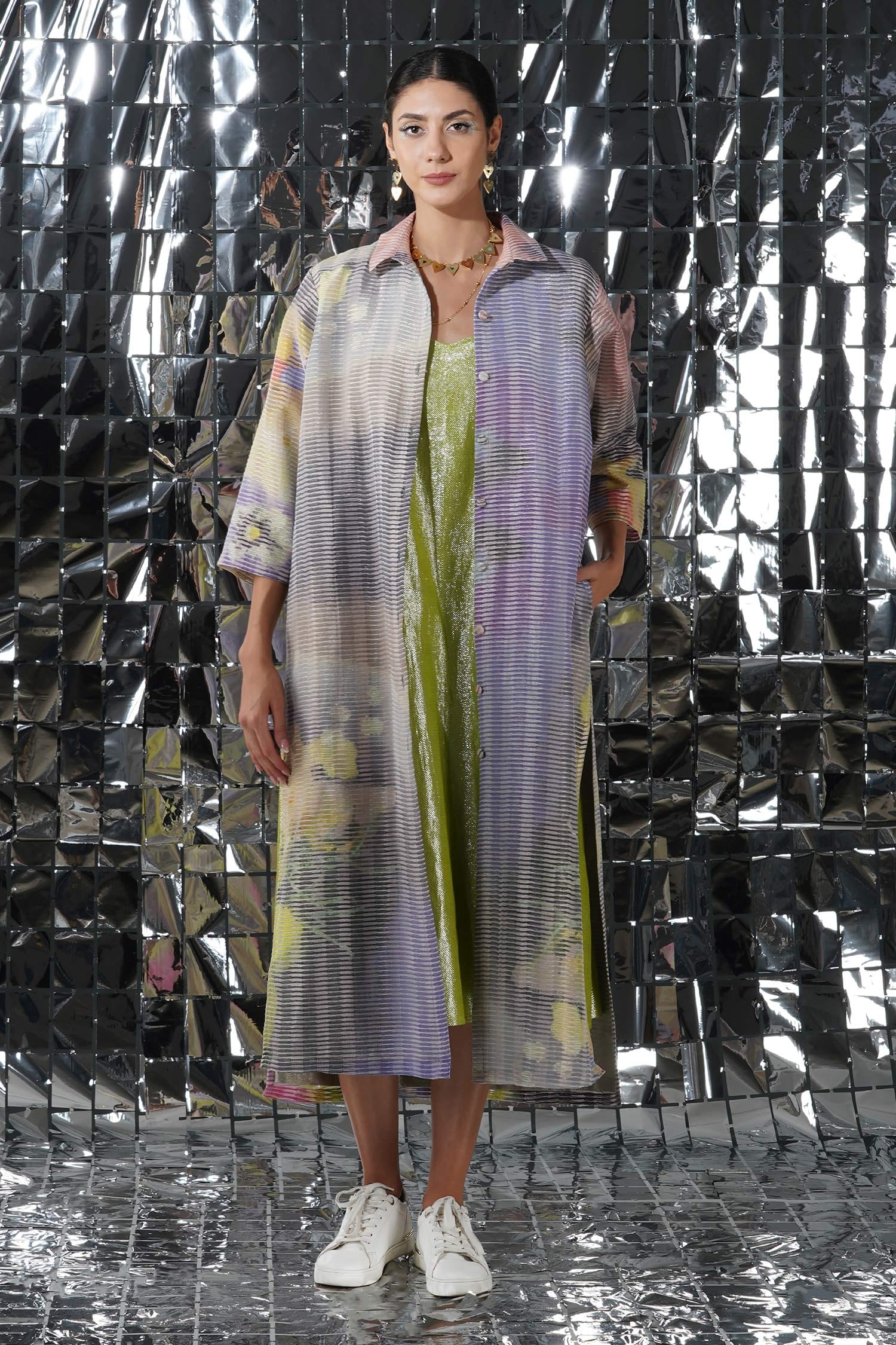 Buy Green Stripe Lurex Pattern Shirt Collar Cupid Jacket For Women by ...