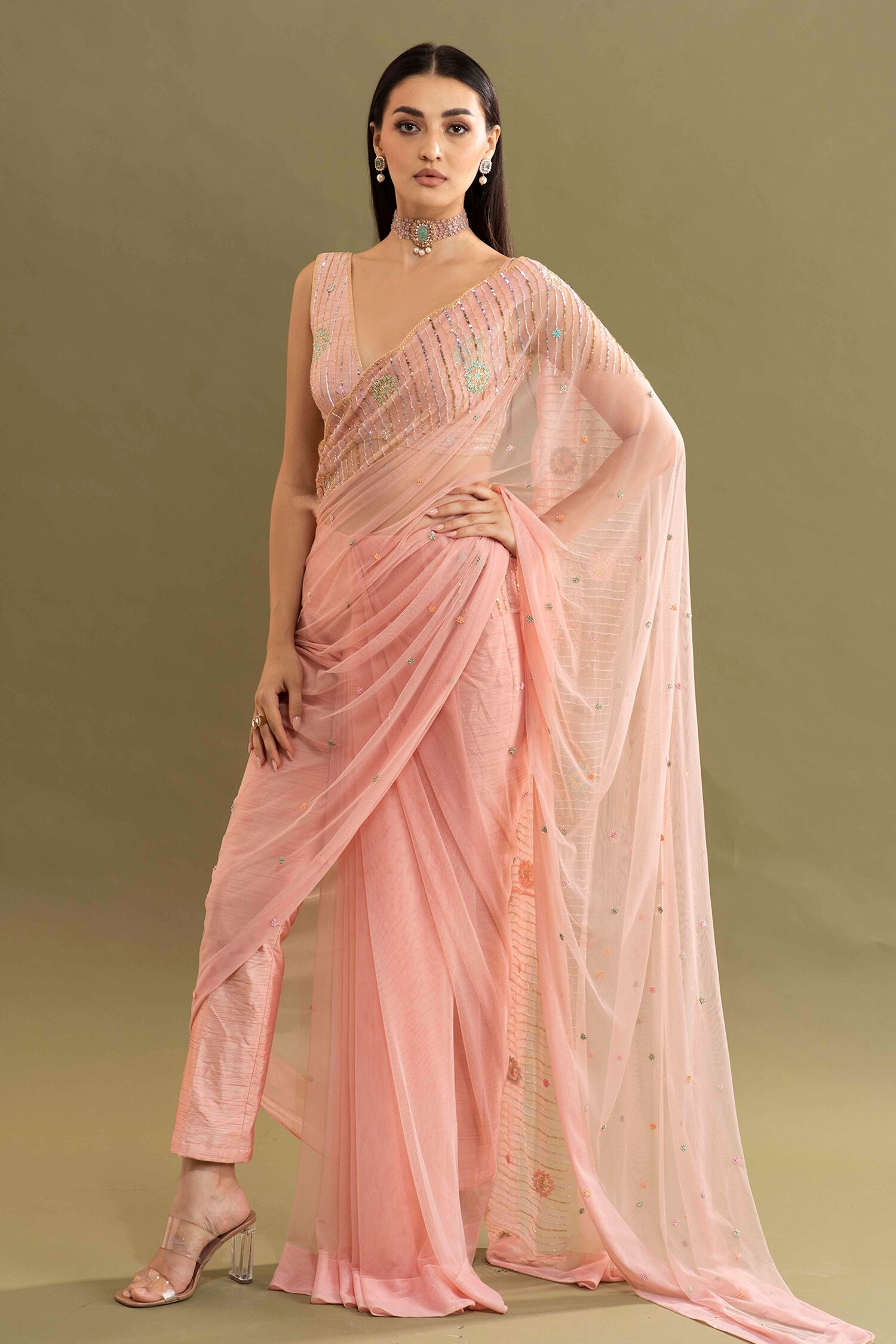Buy Pink Pant And Blouse: Raw Silk Embroidered Pallavi Saree With Neck ...