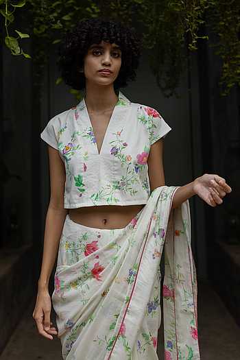 Buy Uri by Mrunalini Rao Off White Organic Cotton Floral Pattern Blouse ...