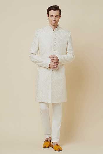 Buy White Polyester Cotton Embroidery Thread Sherwani And Churidar Set ...