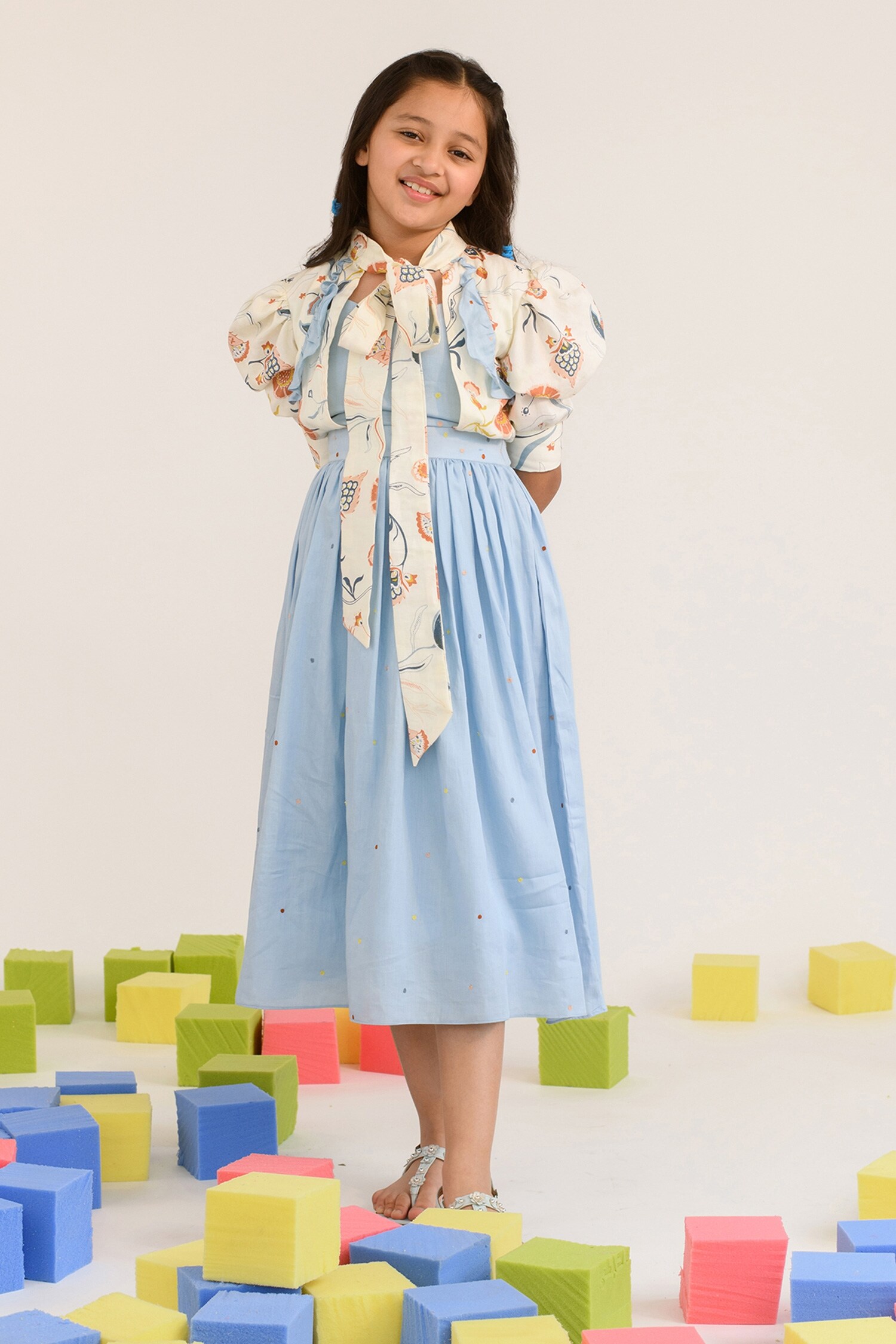 Buy Blue Cotton Satin And Embroidery Floral Brindle Jaspe Dress For ...