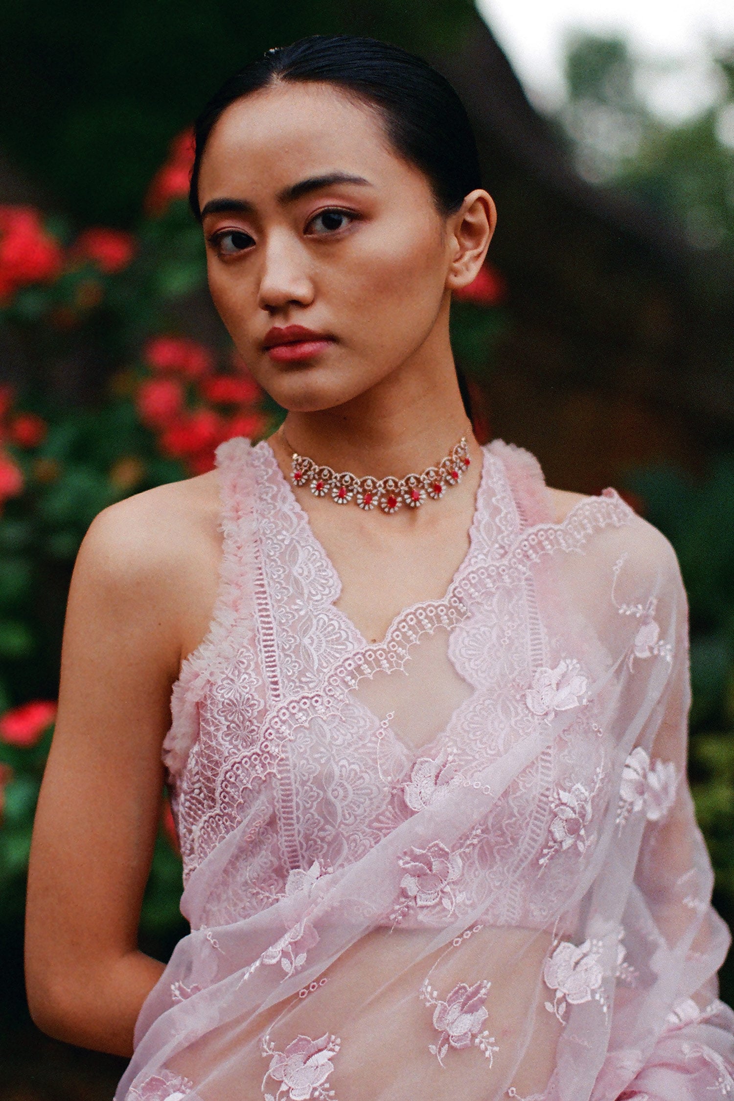 Buy Pink Organza Embroidery Floral V Neck Blouse For Women by Archana ...