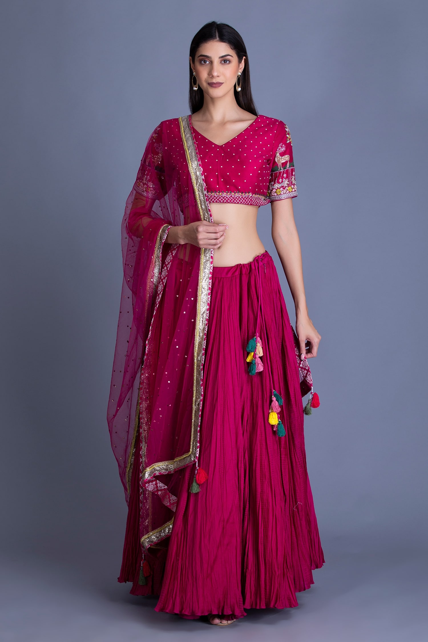 Buy Pink Raw Silk Embroidery Resham V Neck Crinkled Lehenga Set For