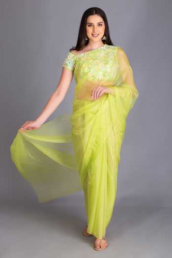 Buy Green Silk Organza Embroidery Sequin And Mirror Sheer Saree With ...