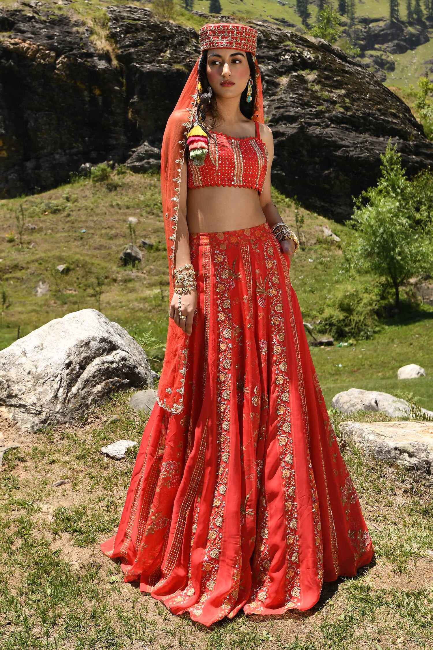 Buy Red Lehenga And Blouse: Organza & Dupatta: Net Embroidery Mirrors ...