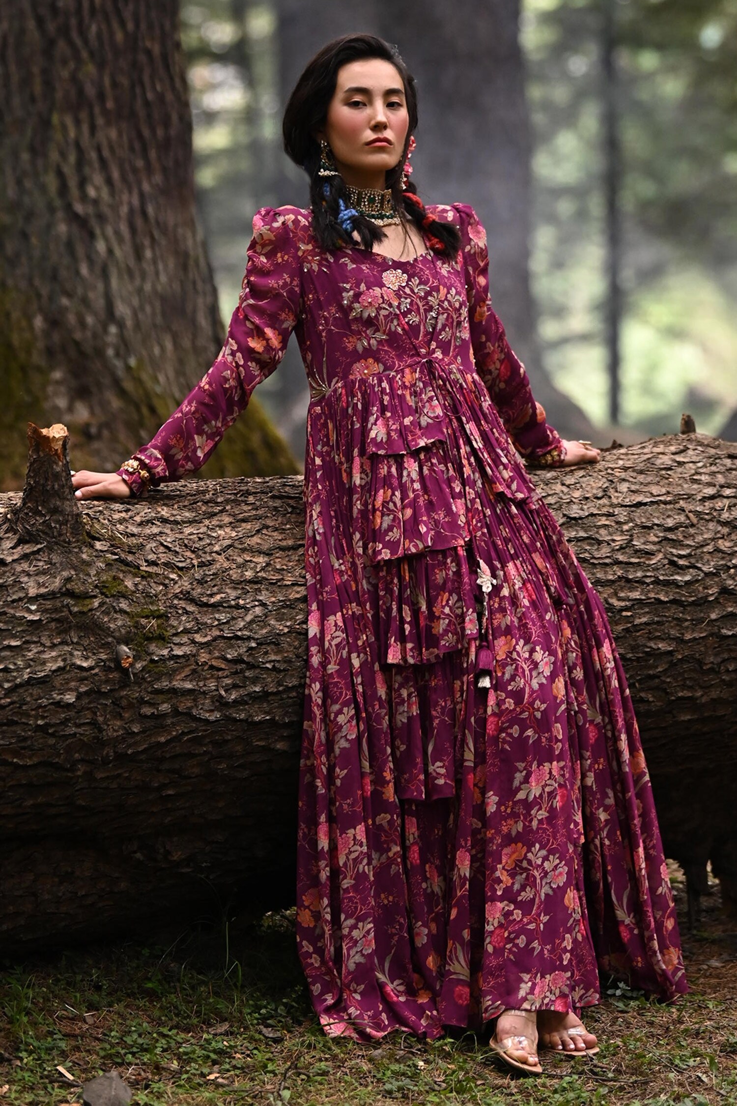 Buy Purple Georgette Floral Round Jacket With Tunic For Women by Paulmi ...