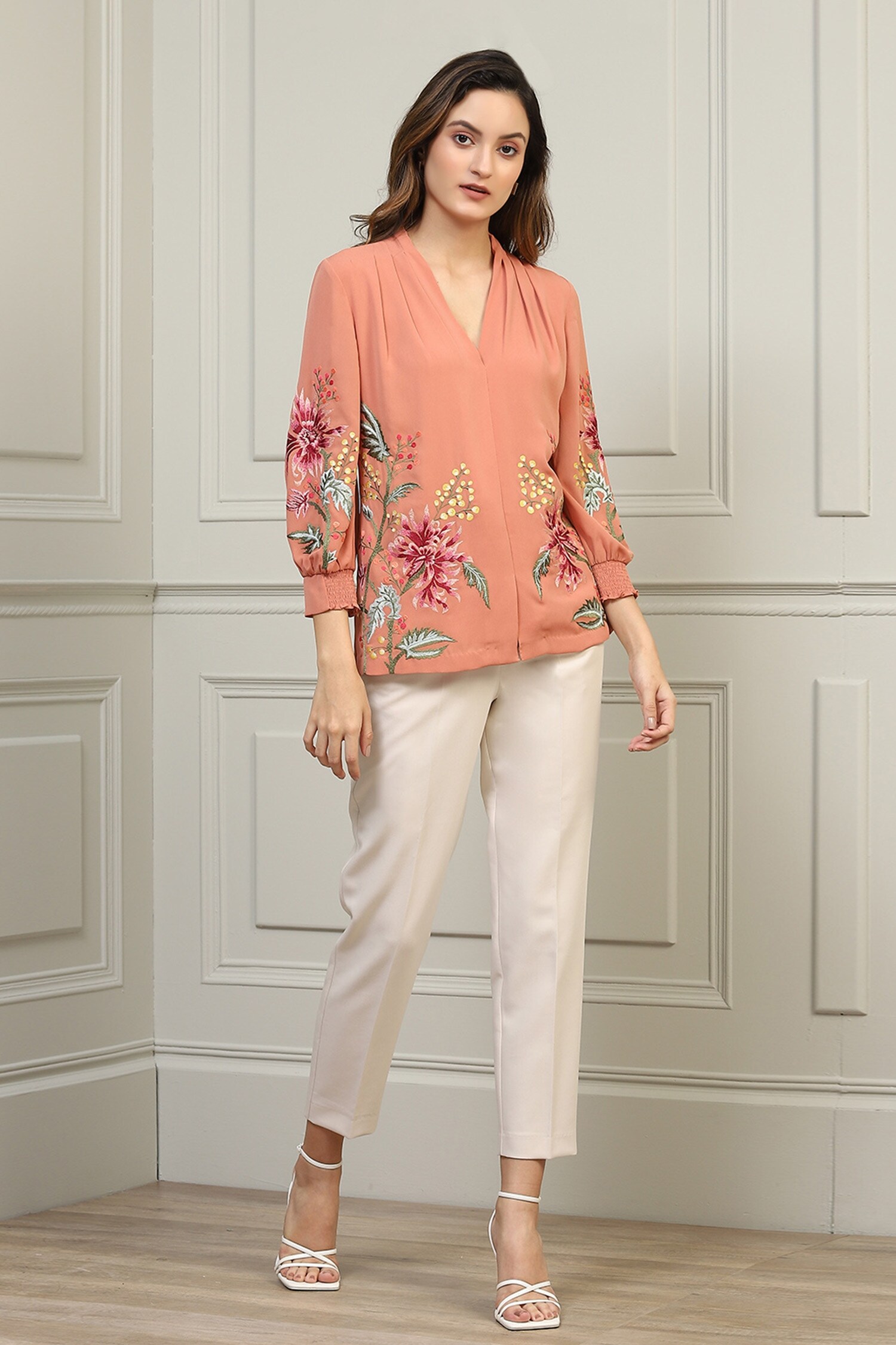 Buy Ranna Gill Peach Georgette Floral Embroidered Top Online | Aza Fashions