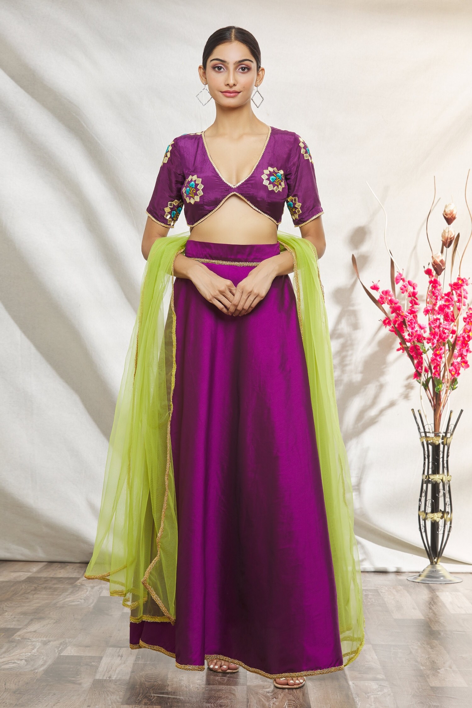 Buy Purple Lehenga Silk Embroidered Gota And Thread Work Plunge V Neck