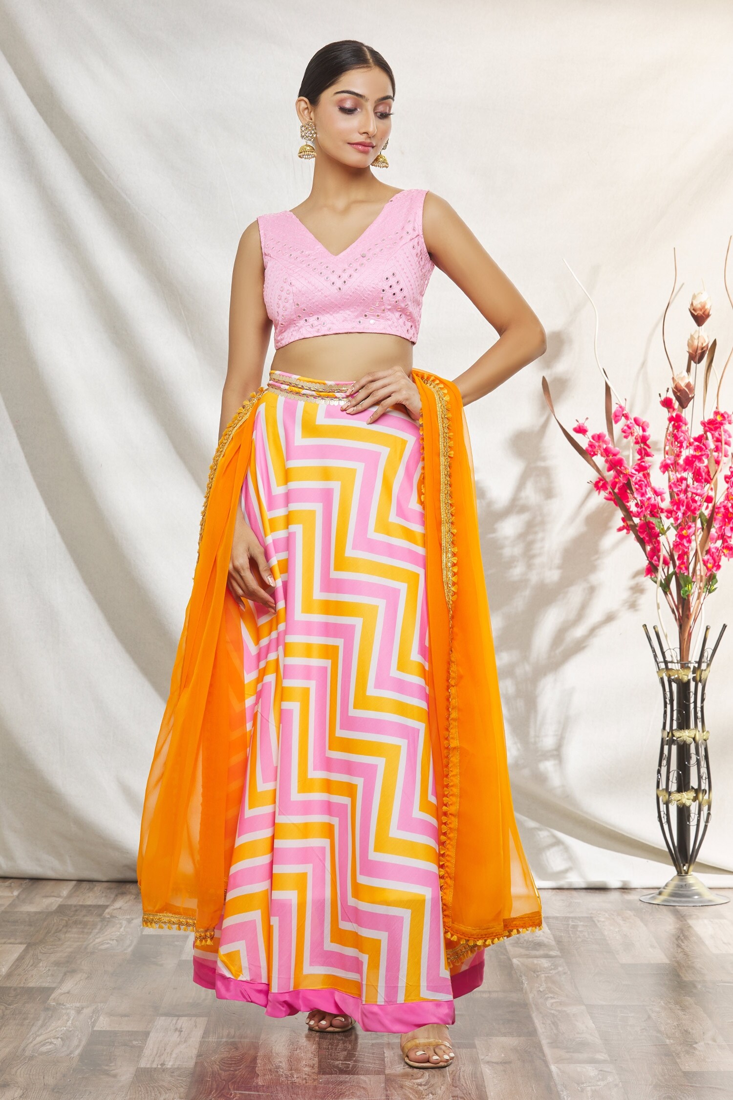 Buy Nazaakat by Samara Singh Multi Color Cotton Silk Chevron Print Lehenga Set Online | Aza Fashions