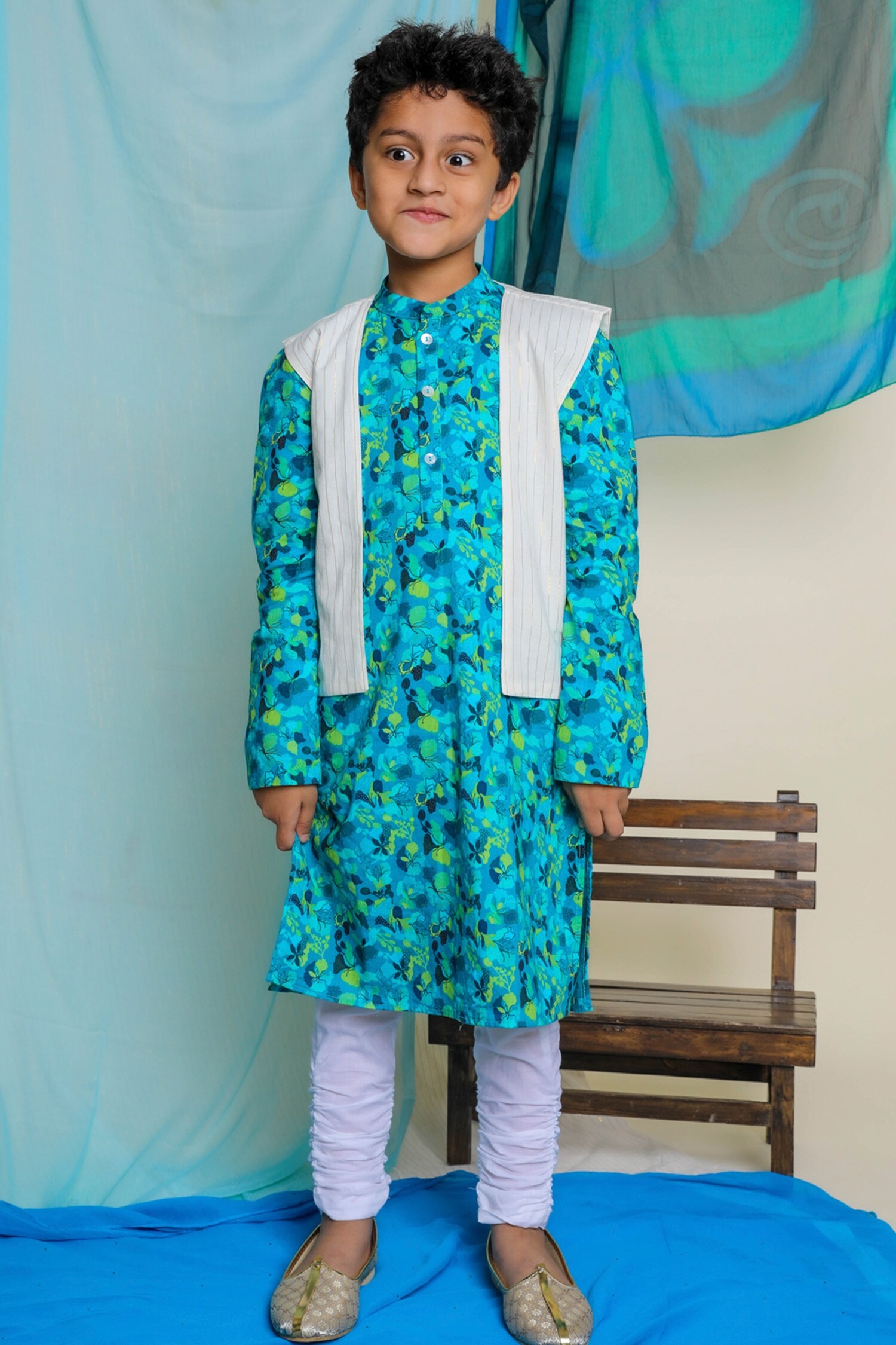 Buy Miko Lolo Blue Nilmohar Printed Kurta And Jacket Set For Boys ...