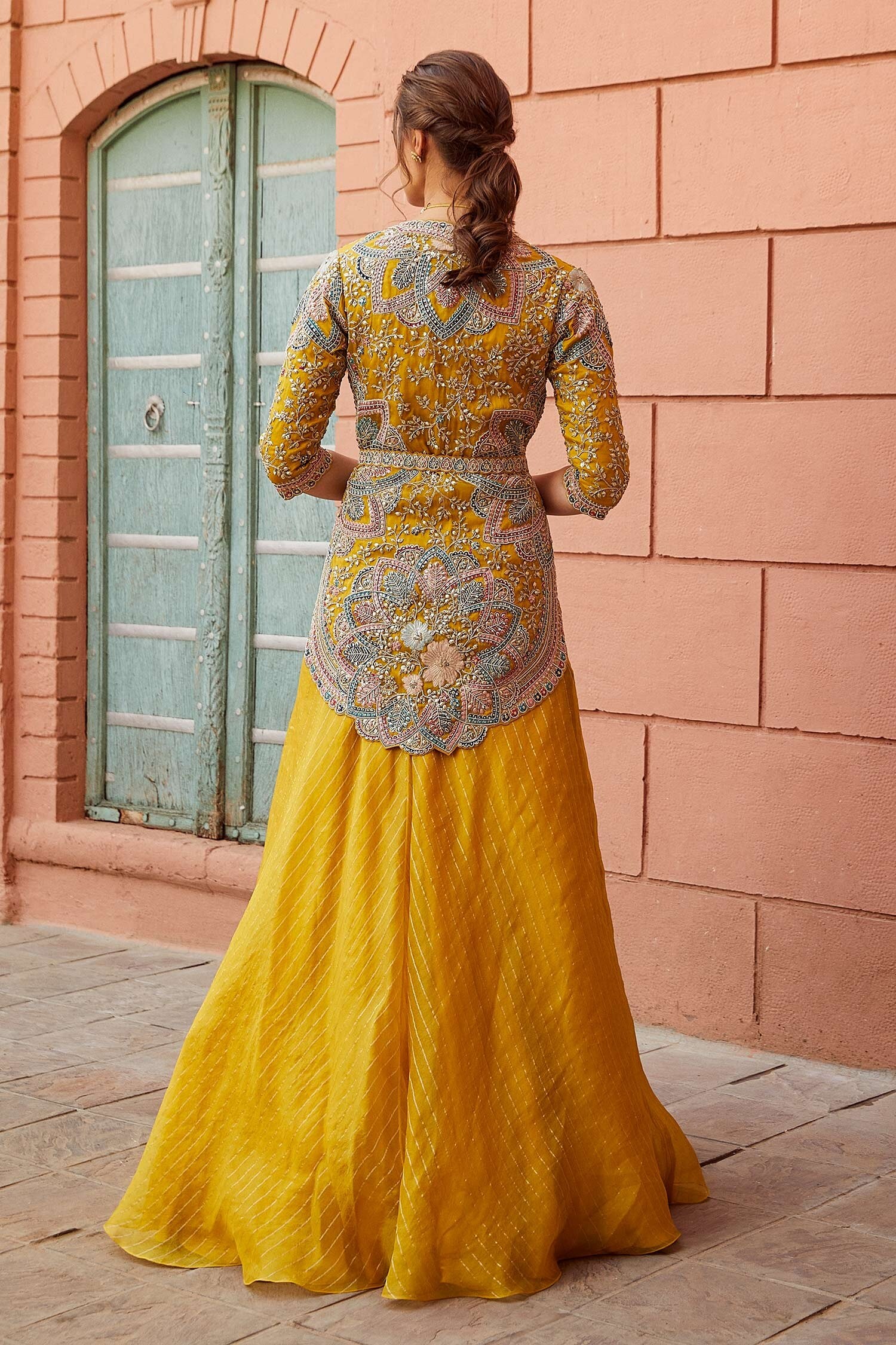 Buy Osaa by Adarsh Yellow Organza Embroidered Jacket Lehenga Set Online ...