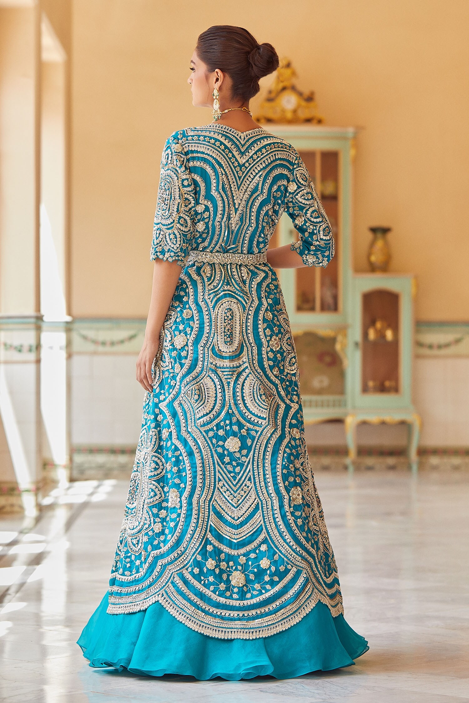 Buy Osaa by Adarsh Green Organza Embroidered Jacket Lehenga Set Online ...