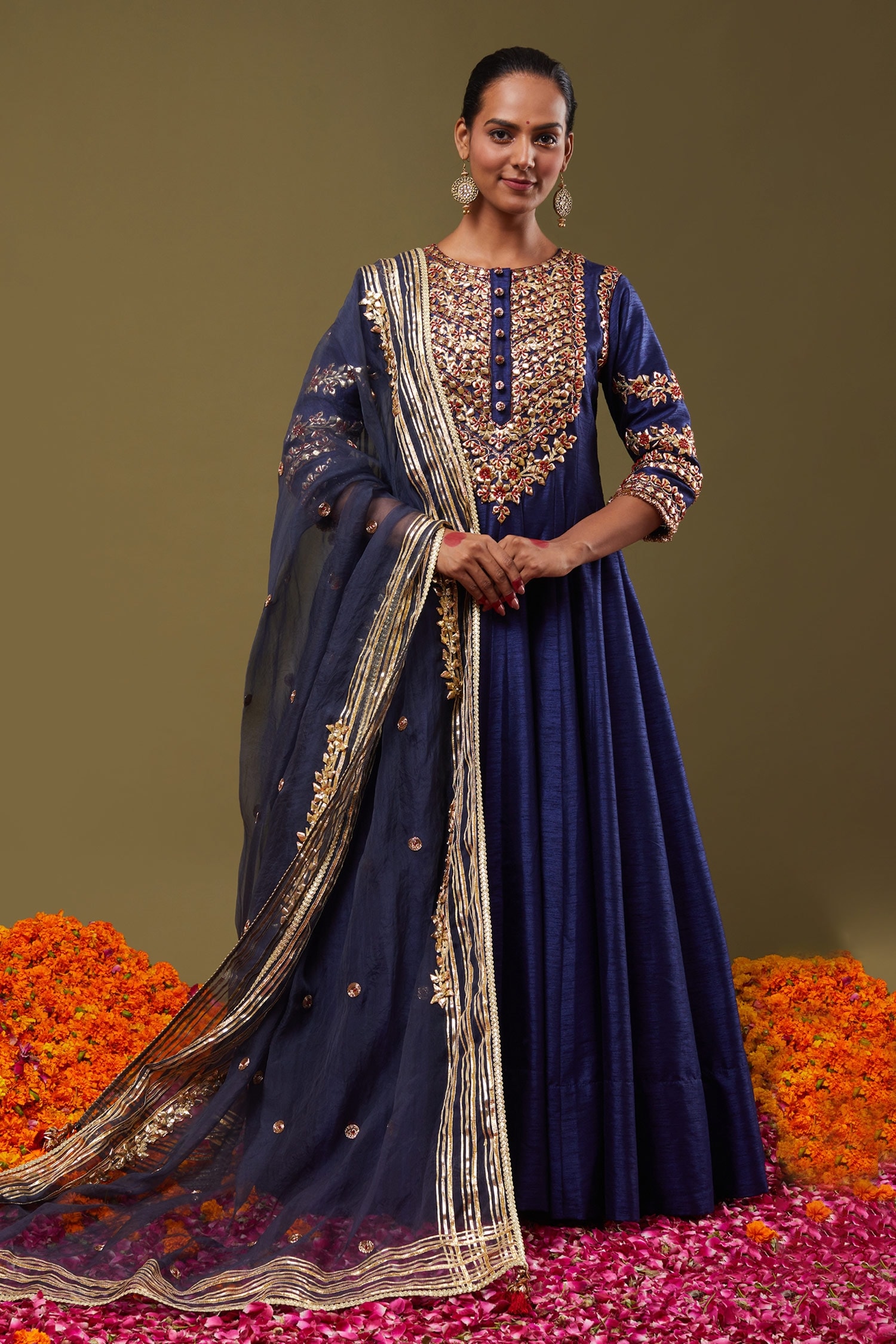 Buy Blue Anarkali Dupion Embroidered Gota Round Set For Women By Preeti