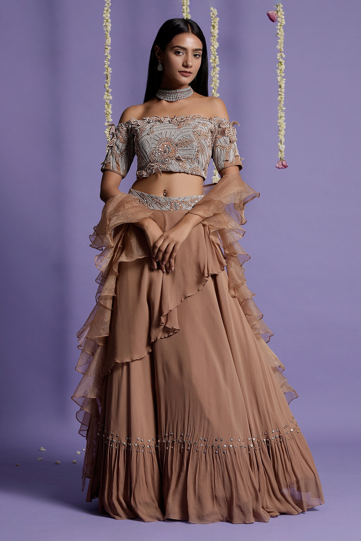 Buy Brown Georgette Embroidery Pearl Straight Layered Lehenga Set For ... Buy Brown Georgette Embroidery Pearl Straight Layered Lehenga Set For ...
