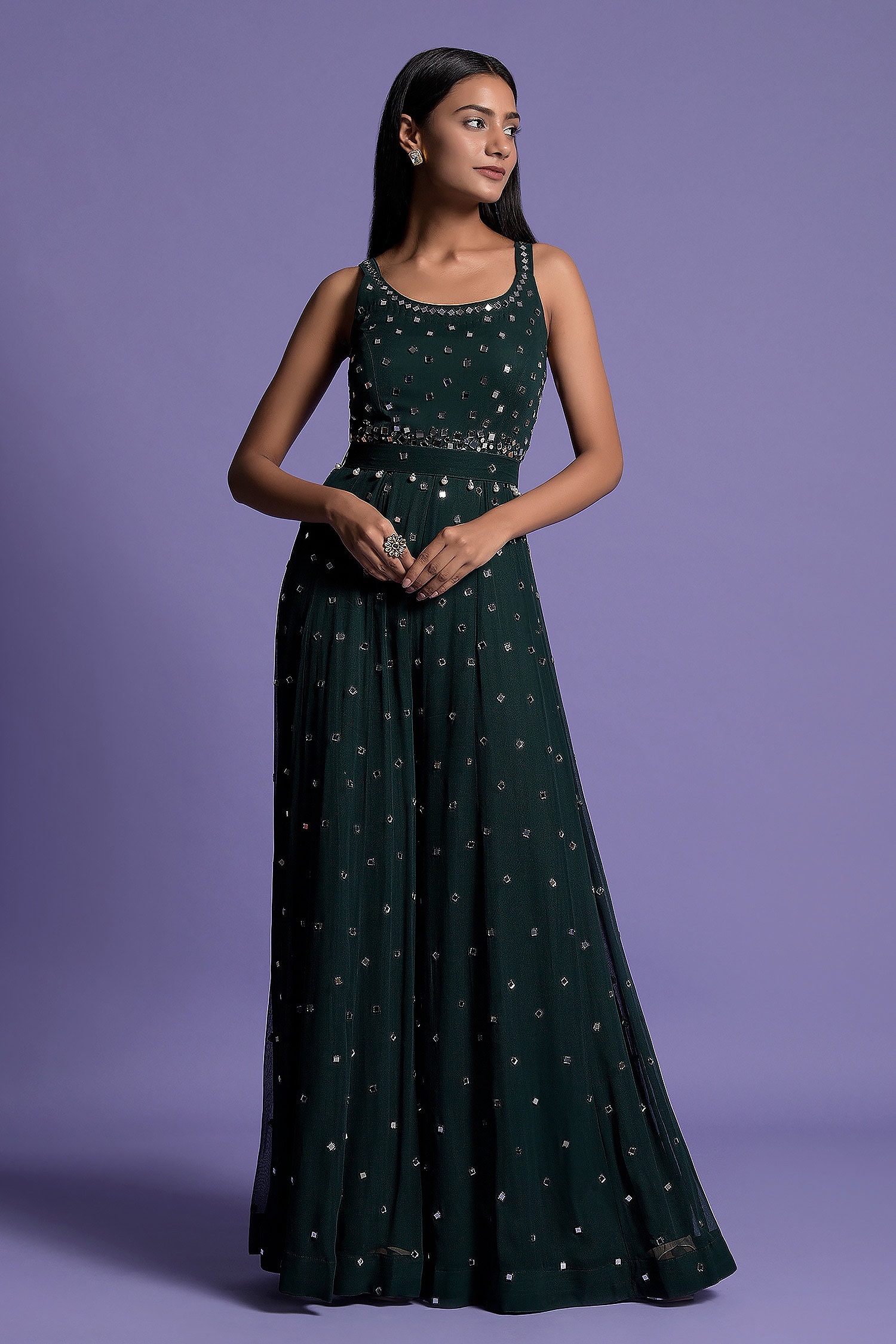 Buy Green Viscose Embroidered Mirror Work Round Jumpsuit For Women by ...