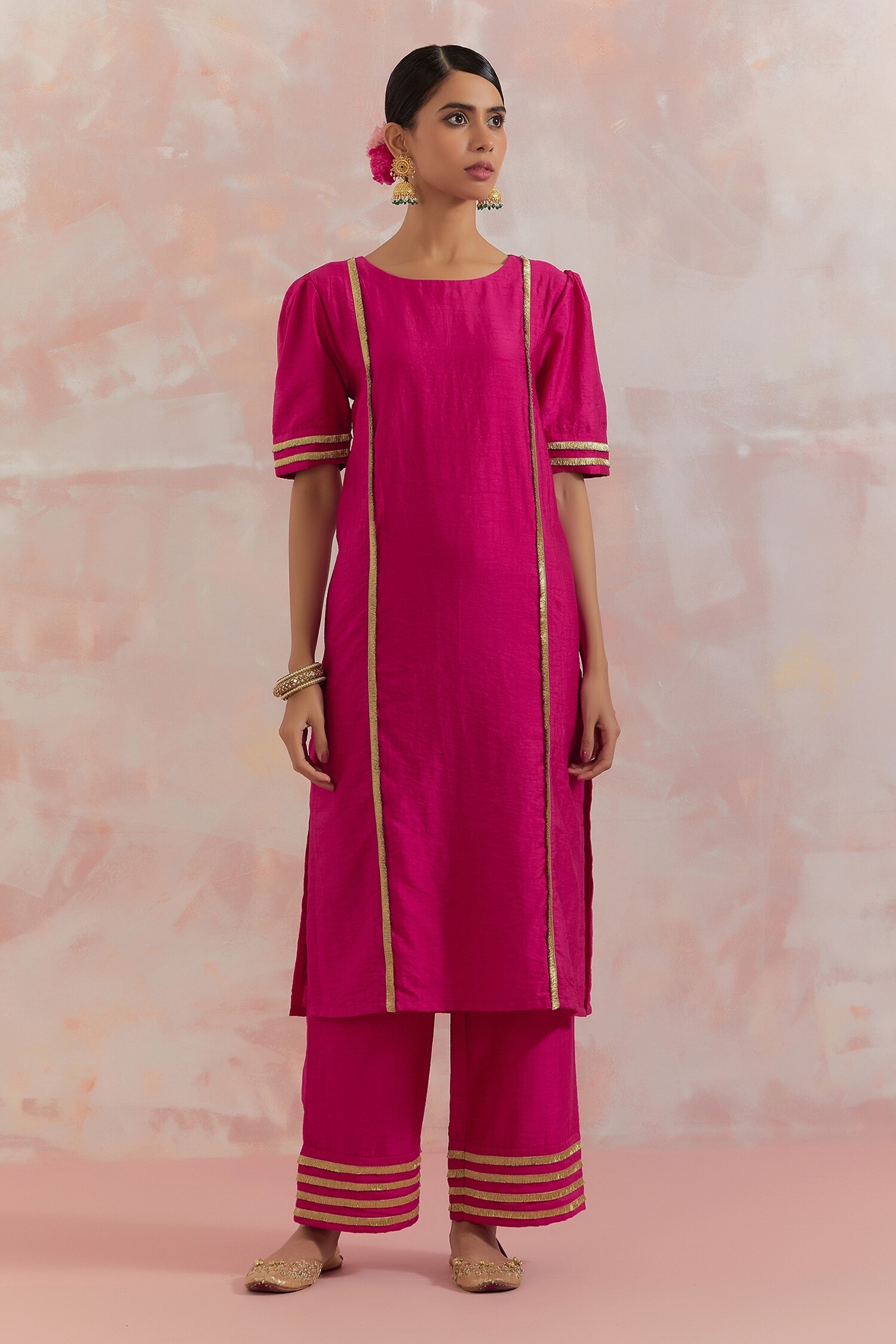 Buy Fuchsia Raw Silk Embellishment Gota Work Round Rukbat Kurta For ...