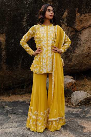 Buy Yellow Georgette Embroidered Floral Motifs Lyra Kurta Sharara Set ...
