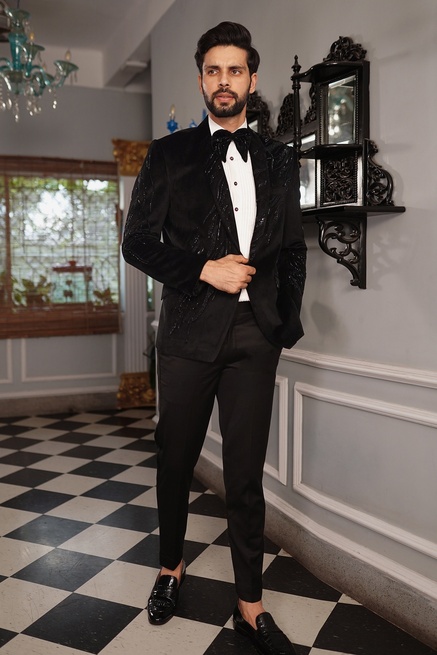 Buy Black Tuxedo: Suede Embroidery Cutdana Kara And Pant Set For Men by YAJY by Aditya Jain ...