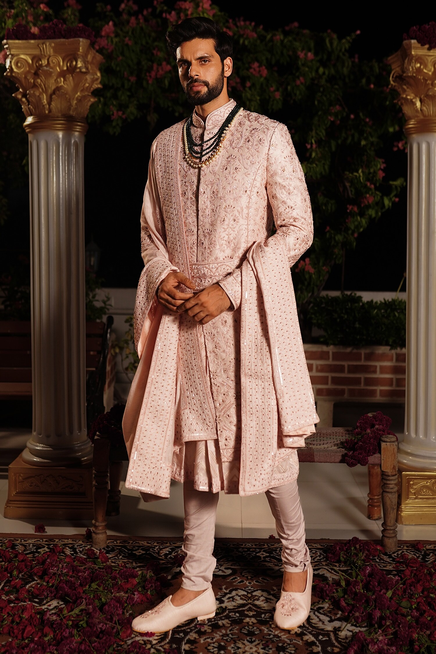 Buy Pink Sherwani: Raw Silk Embroidery Dori Kush Set For Men by YAJY by ...